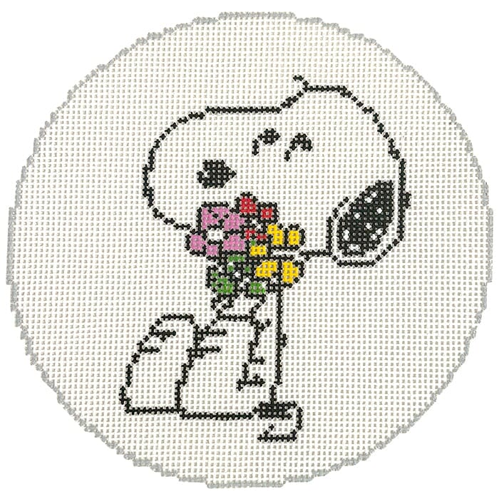 Snoopy Hugging Flowers Round | Needlepoint.Com