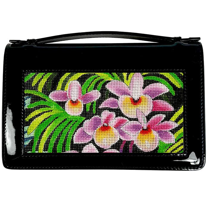 The Everyday Clutch - Black PATENT with Silver Chain | Needlepoint.Com
